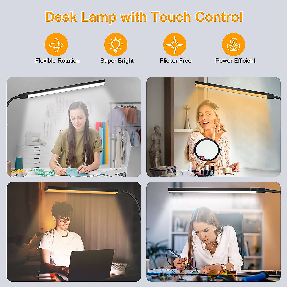 NAKOOS LED Desk Lamp with Clamp & Round Base, Eye Caring Table Lamp with Flexible Gooseneck, Touch Control 3 Color Modes, 10 Brightness Levels, Desk Light for Home Office 12W
