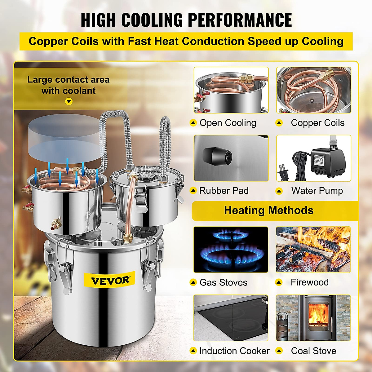 VEVOR Alcohol Still, 3 Gallon, Stainless Steel Alcohol Distiller with Copper Tube & Build-in Thermometer & Water Pump, Double Thumper Keg Home Brewing Kit, for DIY Whiskey Wine Brandy