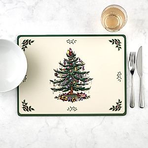 Pimpernel Christmas Tree Collection Placemats | Set of 4 | Heat Resistant Mats | Cork-Backed Board | Hard Placemat Set for Dining Table | Measures 15.7” x 11.7” Green
