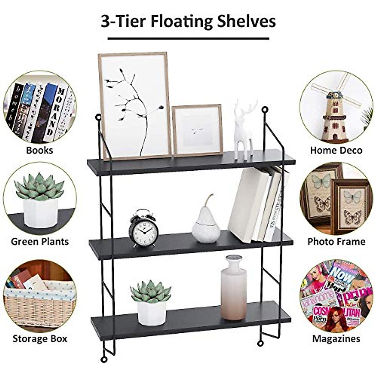 BATHWA 3 Tier Floating Shelves Metal Brackets Wall Mounted Shelves for Living Room Bedroom Office Kitchen Decor Hanging Shelf, Black