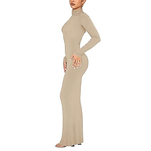 REORIA Women's Sexy Casual Mock Turtleneck Long Sleeve Elegant Long Dress Fall Wedding Guest Tight Ribbed Lounge Bodycon Maxi Dresses Khaki Medium