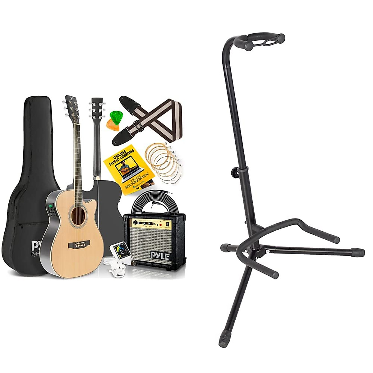 Pyle Cutaway Acoustic Electric Guitar Bundle with Guitar Stand and Practice Amp