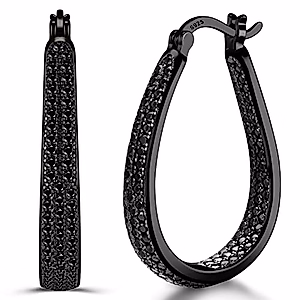 925 Sterling Silver Post Hoop Earrings for Women Gilrs Black Cubic Zirconia Oval Chunky Black Hoop Earrings weinuo Jewelry