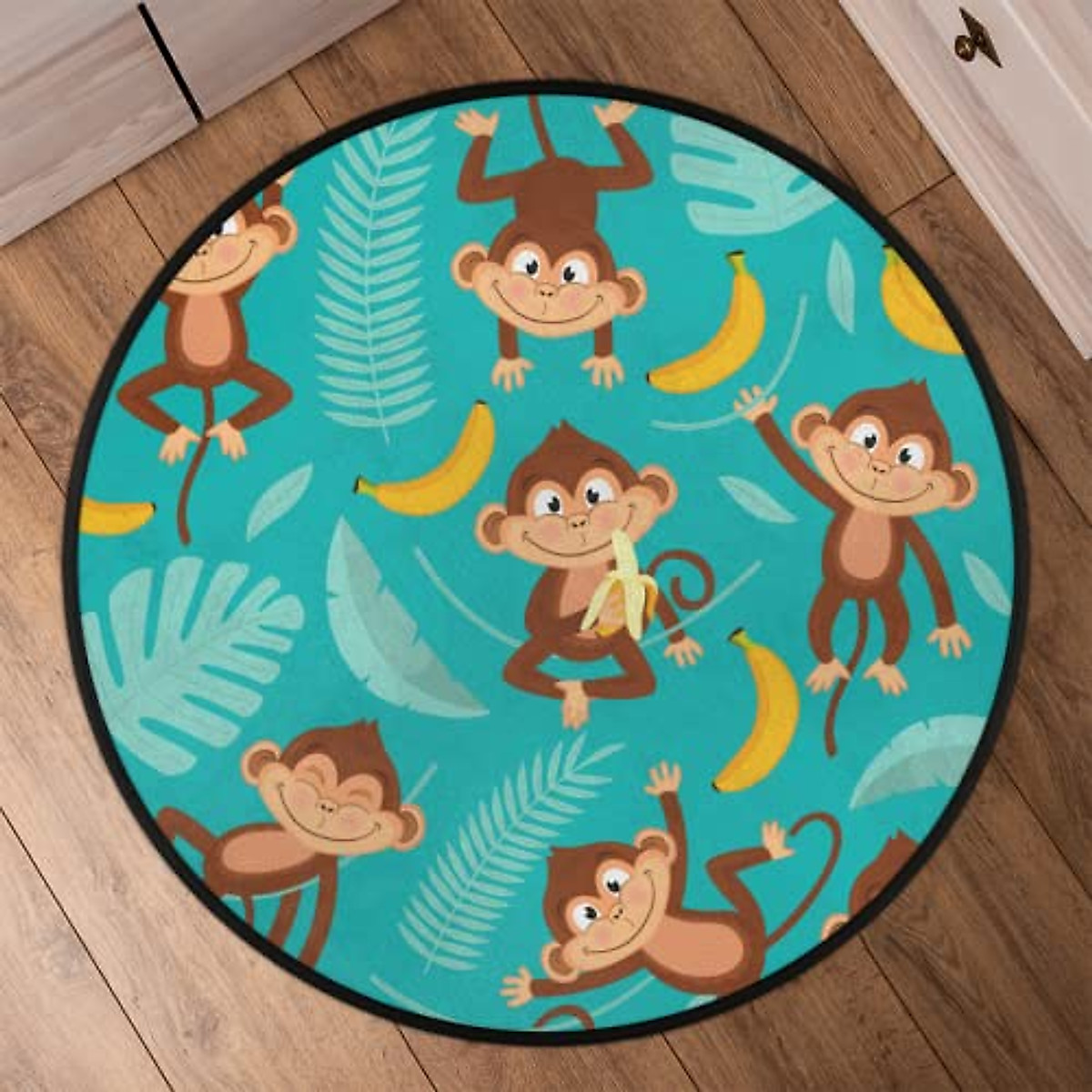 Cute Monkey Round Area Rug, Monkey Banana Non-Slip Circle Rug for Bedroom Living Room Outdoor Study Playing Floor Mat Carpet, 5.2' Diameter