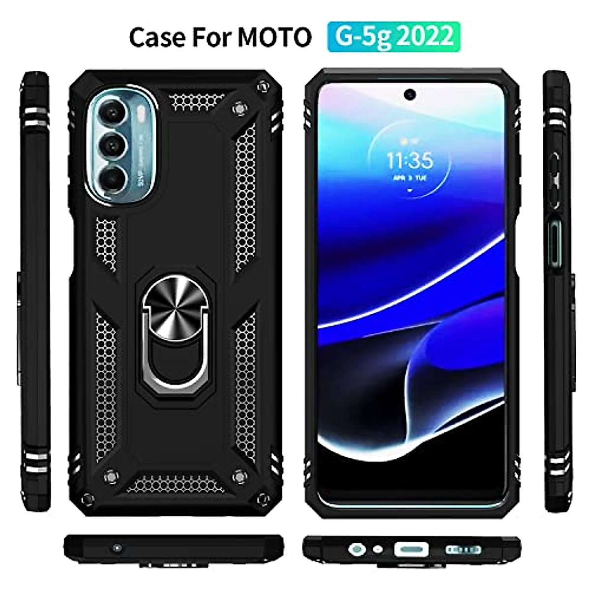 Dzxouui for Moto G 5G 2022 Case with Glass Screen Protector, Military Grade Shockproof Cover Full Body Protection Hard Phone Cases Built-in Magnetic Kickstand for Motorola G 5G 2022 - Black