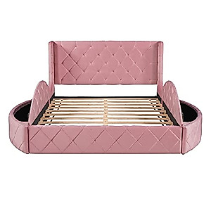 Merax Platform Bed Upholstered Bed Frame with Wingback Headboard, Frame and Slats, Velvet Upholstered Platform Bed with a Big Drawer and 2 Side Storage Stool, No Box Spring Needed, Queen (Pink)