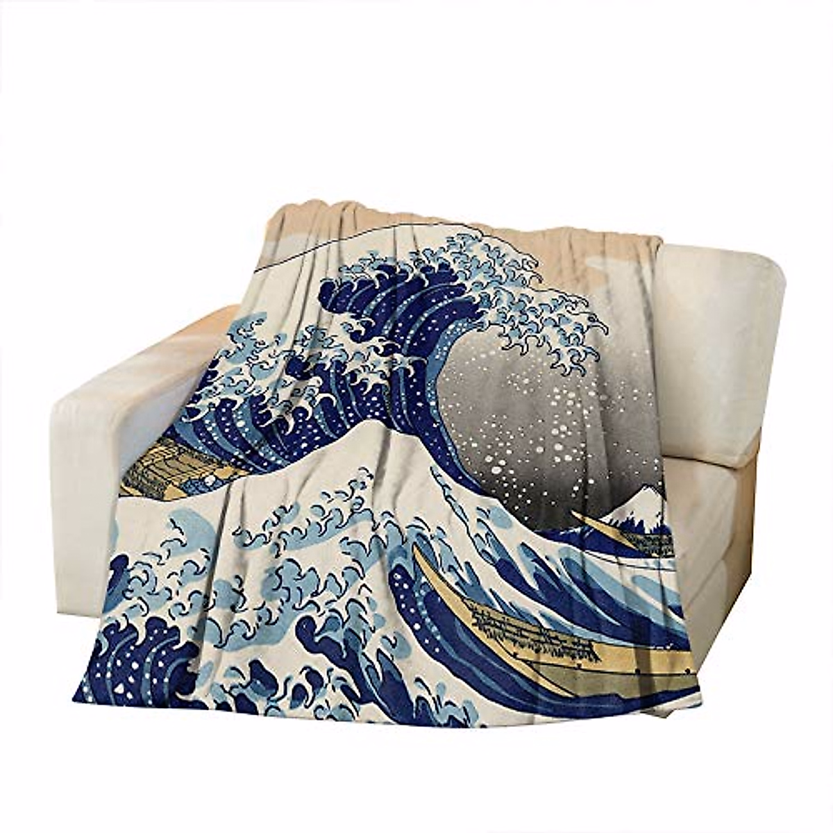 Moslion Soft Cozy Throw Blanket Japanese The Great Wave Off Kanagawa Pattern Fuzzy Warm Couch/Bed Blanket for Adult/Youth Polyester 50 X 60 Inches(Home/Travel/Camping Applicable)