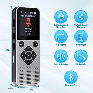 64GB Voice Recorder, Digital Voice Recorder with Bluetooth, Tape Recorder Up to 3072kbps Bit Rate, Voice Activated Recorder with Playback, Audio Recorder for Interview Meetings Lecture