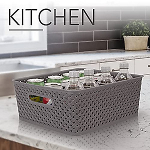 BROOKSTONE, 2 Pack Large Storage Baskets with Handles, Decorative Woven Pattern, Versatile and Stylish Organizers for Home, BPA Free Plastic Bins