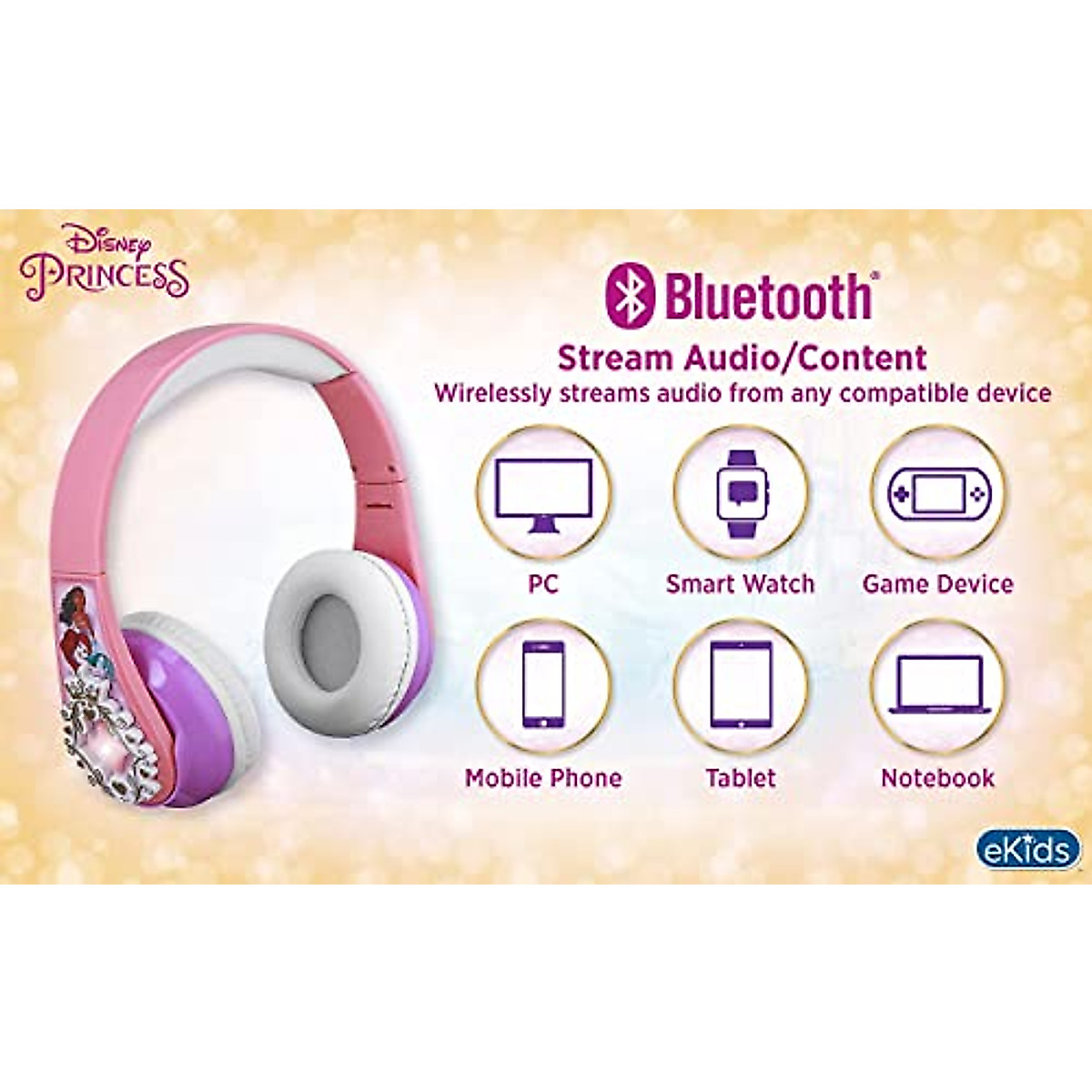 eKids Disney Princess Bluetooth Headphones with EZ Link, Wireless Headphones with Microphone and Aux Cord, Kids Headphones for School, Home, or Travel