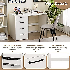 COSTWAY White Computer Desk with 4 Large Drawers, Home Office PC Desk Workstation for Writing, Modern Computer Table for Bedroom, Study, Living Room