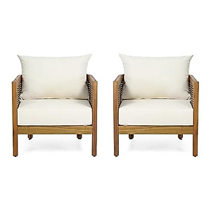 Merax Set Set of 2 Outdoor Acacia Wood Wicker Club Chair with Cushion,Patio Furniture Conversation Seat for Backyard, Beige