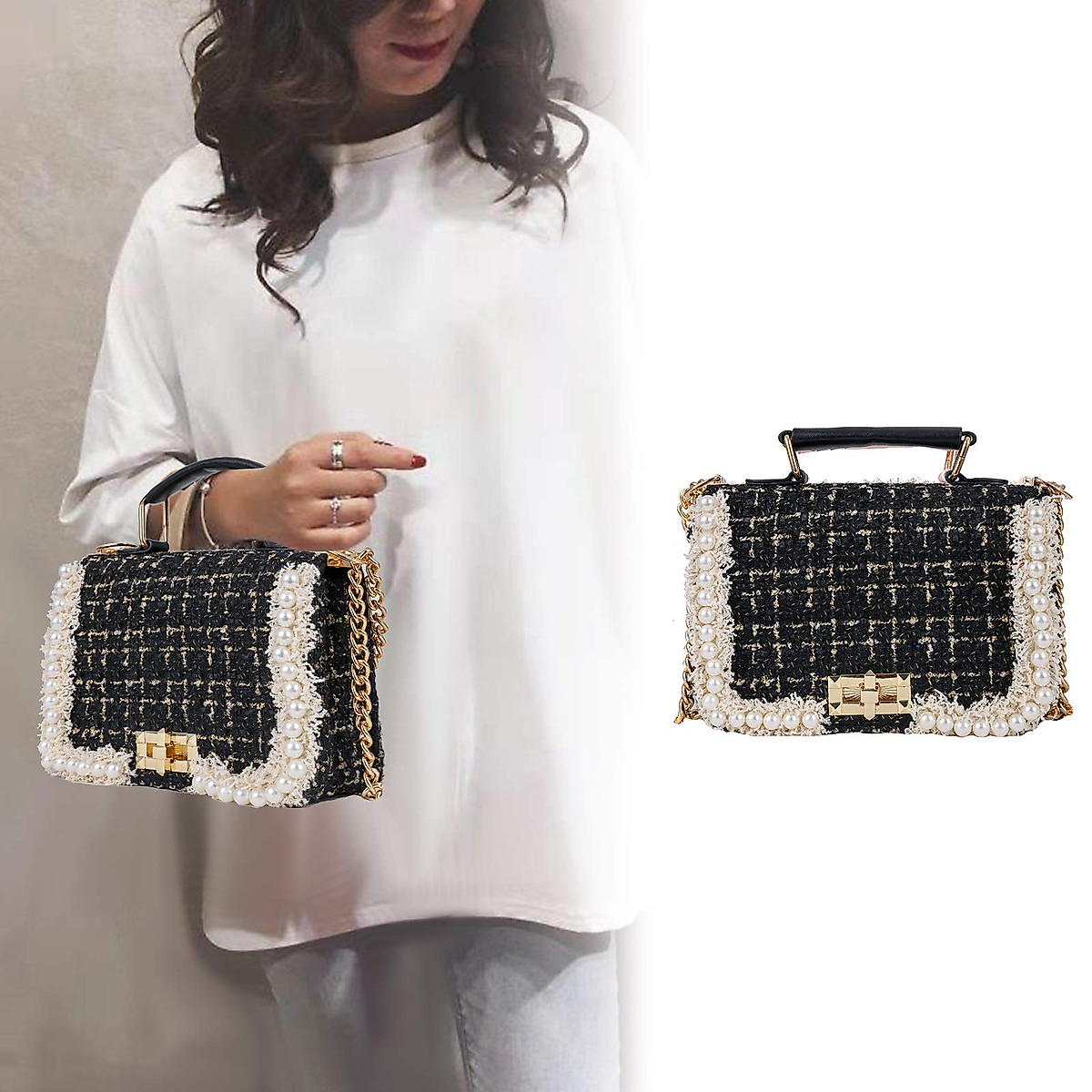 Qiayime Purses and Handbags for Women Fashion Ladies Top Handle Satchel Shoulder Tote Pearl bead chain Tote Crossbody Bag Black