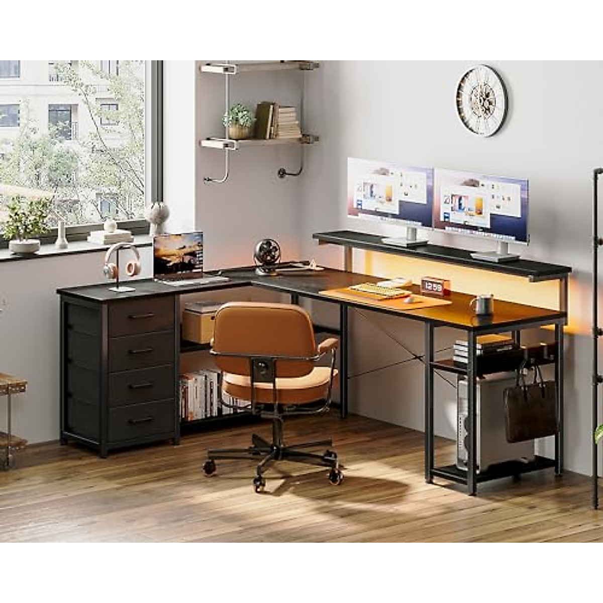 AODK 61" L Shaped Desk with Drawer, Computer Desk with Power Outlets & LED Lights, Reversible Corner Gaming Desk for Home Office Workstation, Office Desk with Monitor Shelf, Pure Black