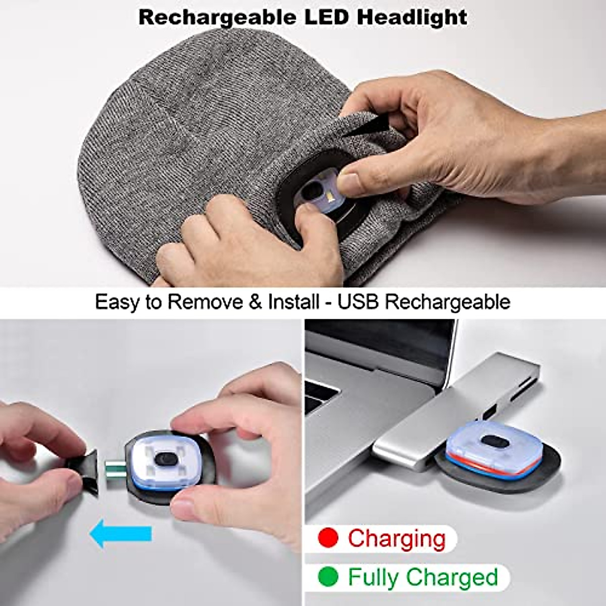 Attikee LED Lighted Beanie, Unisex Warm Knitted Hat, Rechargeable Headlamp Cap for Outdoors, Tech Gift for Men Dad Father Him Black