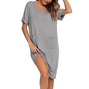 YYA Women's V Neck Nightgowns Short Sleeve Loose Sleepwear with Pocket Comfy Nightshirt Grey