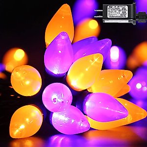 RECESKY C7 Halloween String Lights - 50 LED 24Ft Smooth Bulb Orange Purple Lights with Timing Function - Extendable 8 Modes Halloween Lighting for Indoor Lawn House Halloween Party Decorations