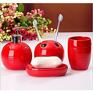 MyGift 4 Piece Modern Red Ceramic Bathroom Accessory Set with Ribbed Design, Includes Lotion/Liquid Soap Dispenser Pump, Toothbrush Holder, Tumbler, and Soap Dish