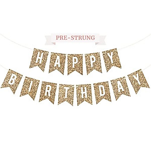 Pre-Strung Happy Birthday Banner - NO DIY - Gold Glitter Birthday Party Banner - Pre-Strung Garland on 6 ft Strands - Gold Birthday Party Decorations & Decor. Did we Mention no DIY?