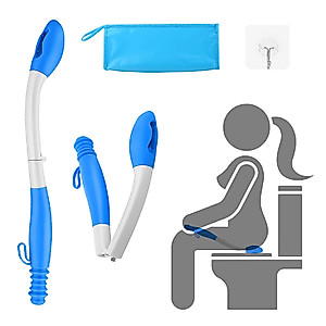 Foldable Butt Wiper, Jhua 15.7" Toilet Aids for Wiping, Comfort Silicone Bottom Buddy Wiping Aid with Hanging Ring, Hook, Carrying Bag, Toilet Aid Tools Bathroom Personal Care, Blue