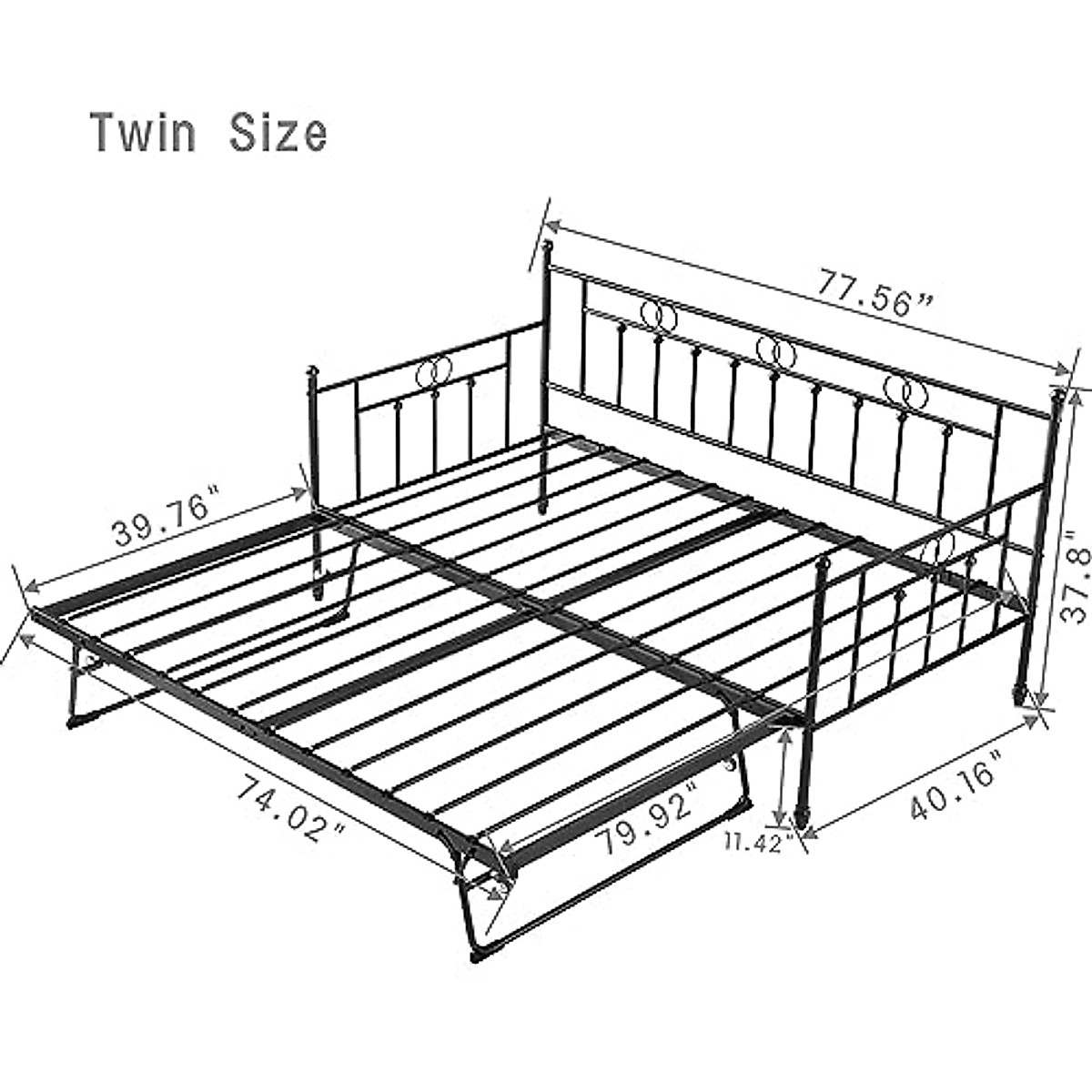 FULLJOJOR Twin Day Bed with Trundle Bed Twin, Metal Daybed with Trundle, Daybed with Pop Up Trundle Bed Frame, Steel Slat Support Sofa Bed for Kids Teens Adults, No Box Spring Needed