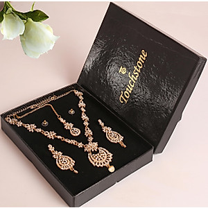 Touchstone Indian Hollywood white rhinestone bridal Designer jewelry necklace set in antique gold tone for women