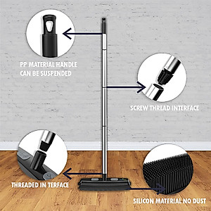 Rubber Bristle Expandable Broom Set with Dustpan & Handheld Rubber Brush for Surface Cleaning, Dust Pet Hair Removal Sofa Sweeping, Built-in Rubber Squeegee Snap, Set of 3, Black