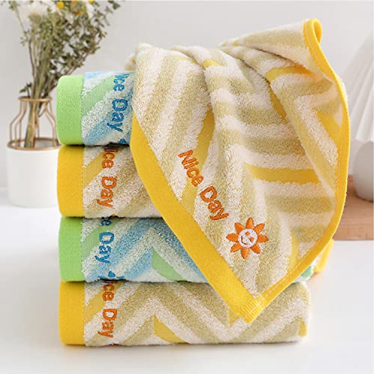 Pidada Hand Towels Set of 2 Striped Pattern 100% Cotton Absorbent Soft Decorative Towel for Bathroom 13.4 x 29.1 Inch (Green & Yellow)