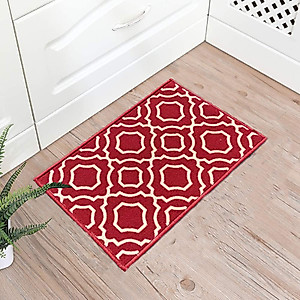 Easychan 2 Piece Carpet Rubber Backing Kitchen Mat Doormat Area Rugs (15"x47"+15"x23", Red)