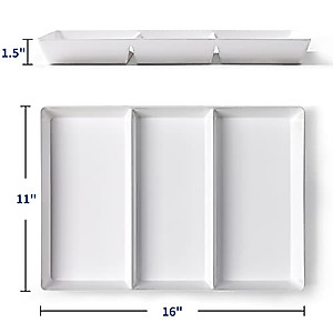 4 Pack, 16" x 11", 3-Section Large White Serving Trays Set - Reusable Plastic Serving Platters for Party Food, Cookie, Appetizer, Charcuterie, Snack, Dessert Display, Stackable Kitchen Dish, BPA Free