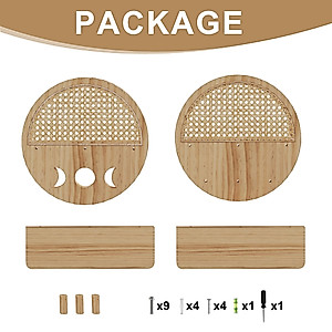 LUPWNEKA Rattan Circle Shelf Set of 2, Natural Wood Shelves Wall Mount, Boho Nursery Floating Shelves with Wooden Hooks, Rustic Decorative Shelves for Clothes Hats, Kitchen, Bathroom, Living Room