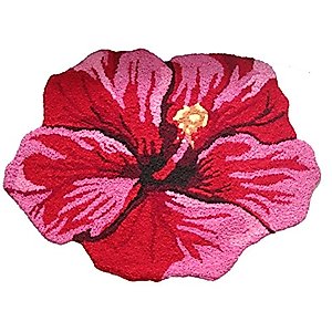 Morden Handmade Needlepoint Floor Rug Red Bathmat Flower Rug Girls Bedroom Non-Slip Rugs, Great Gift for Christmas (Hibiscus) 31.5" x 23.6"