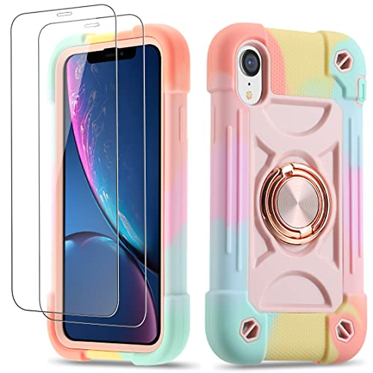 Cookiver for iPhone XR Case 6.1 Inch with Ring Stand, with 2 Pack Glass Screen Protector,Heavy-Duty Shockproof Rugged Military Grade Cover with Magnetic Car Mount for iPhone XR (Rainbow Pink)