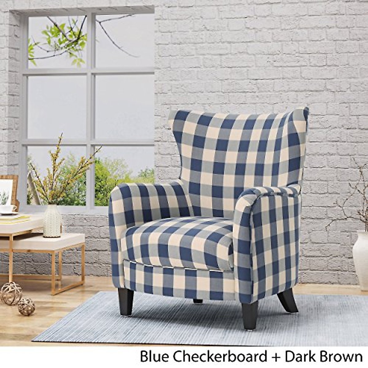 Christopher Knight Home Oliver Farmhouse Armchair, Checkerboard, Polyester and Birch Wood, Blue Floral