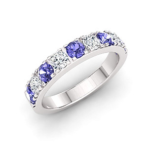 Diamondere Natural and Certified Tanzanite and Diamond Wedding Ring in 14K White Gold | 0.92 Carat Half Eternity Stackable Band for Women, US Size 6.5