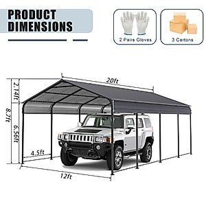 Metal Carport 12 x 20 FT Heavy Duty Outdoor Steel Large Rv Car Ports Canopy with Galvanized Metal Roof and Enhanced Base, Outdoor Garage Car Shelter for Cars, Boats, Trucks, Tractors, Gray