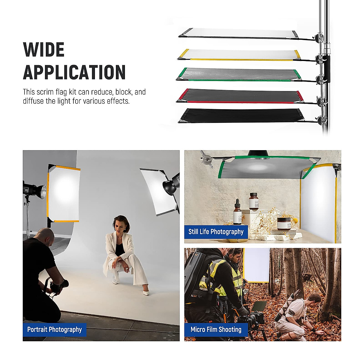 NEEWER Foldable Scrim Flag Kit, 24x36in/60x90cm 5 in 1 Photography Flag Panel Lighting Reflector Diffuser Light Modifier Shaper for Soft, Diffused & Light Effects, Carry Bag Included, SF6090F