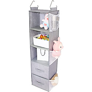 FOKICOS Hanging Closet Organizer 5 Shelf Storage Shelves with 3 Divisible Drawer Washable No Cardboard for Clothes Grey