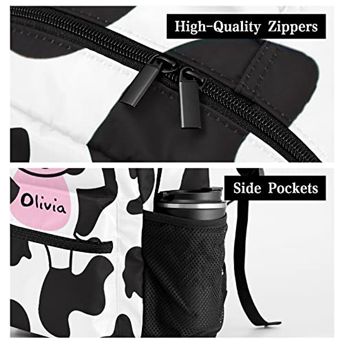 zaaprintblanket Personalized Little Cow Black White with Text Name Casual Bags Waterproof Backpack for Unisex Adult Gift