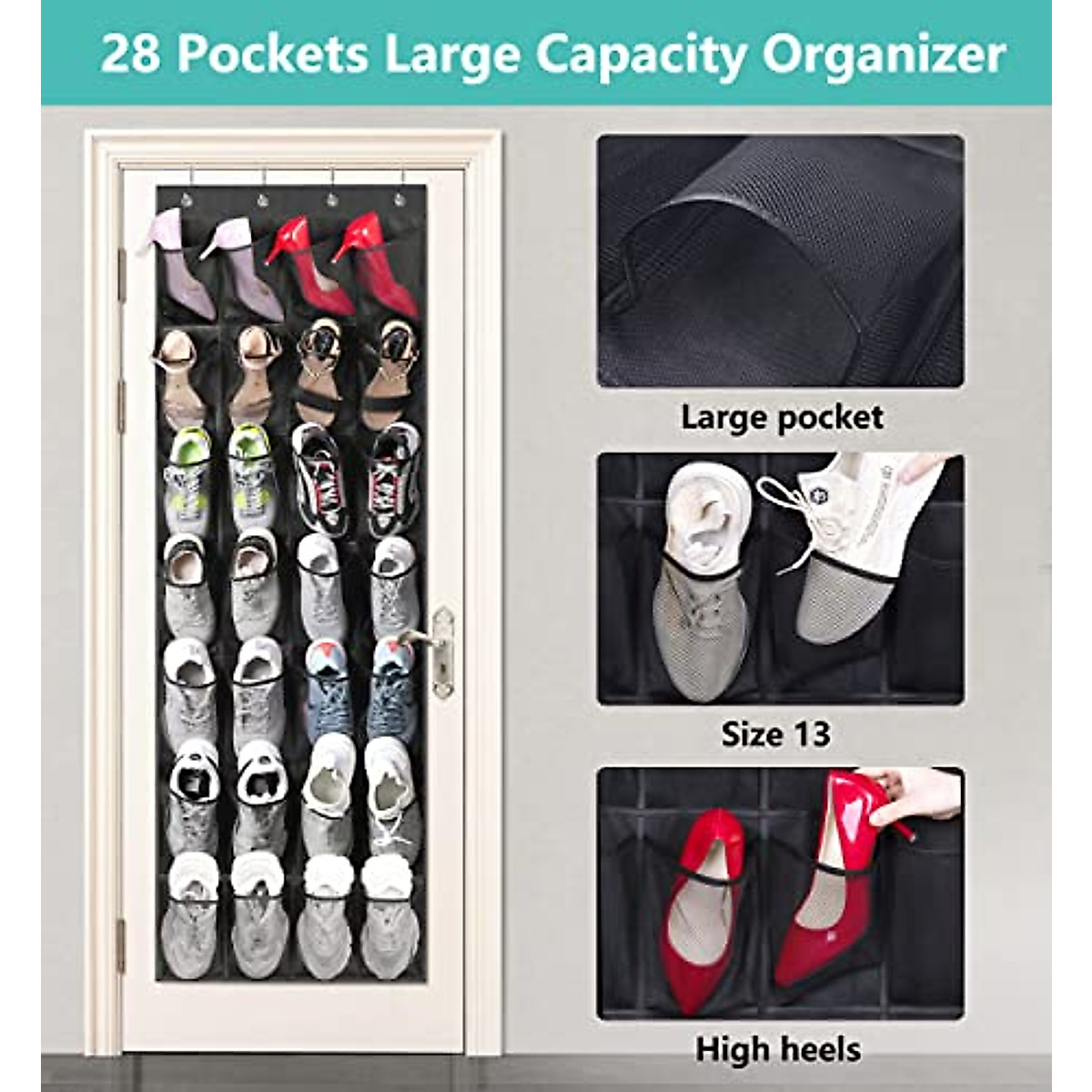 MISSLO 28 Large Pockets Hanging Shoe Organizer and 28 Large Pockets Hanging Shoe Rack Door Shoe Organizer Hanging Shoe Storage Hanger for Closet Mesh Holder