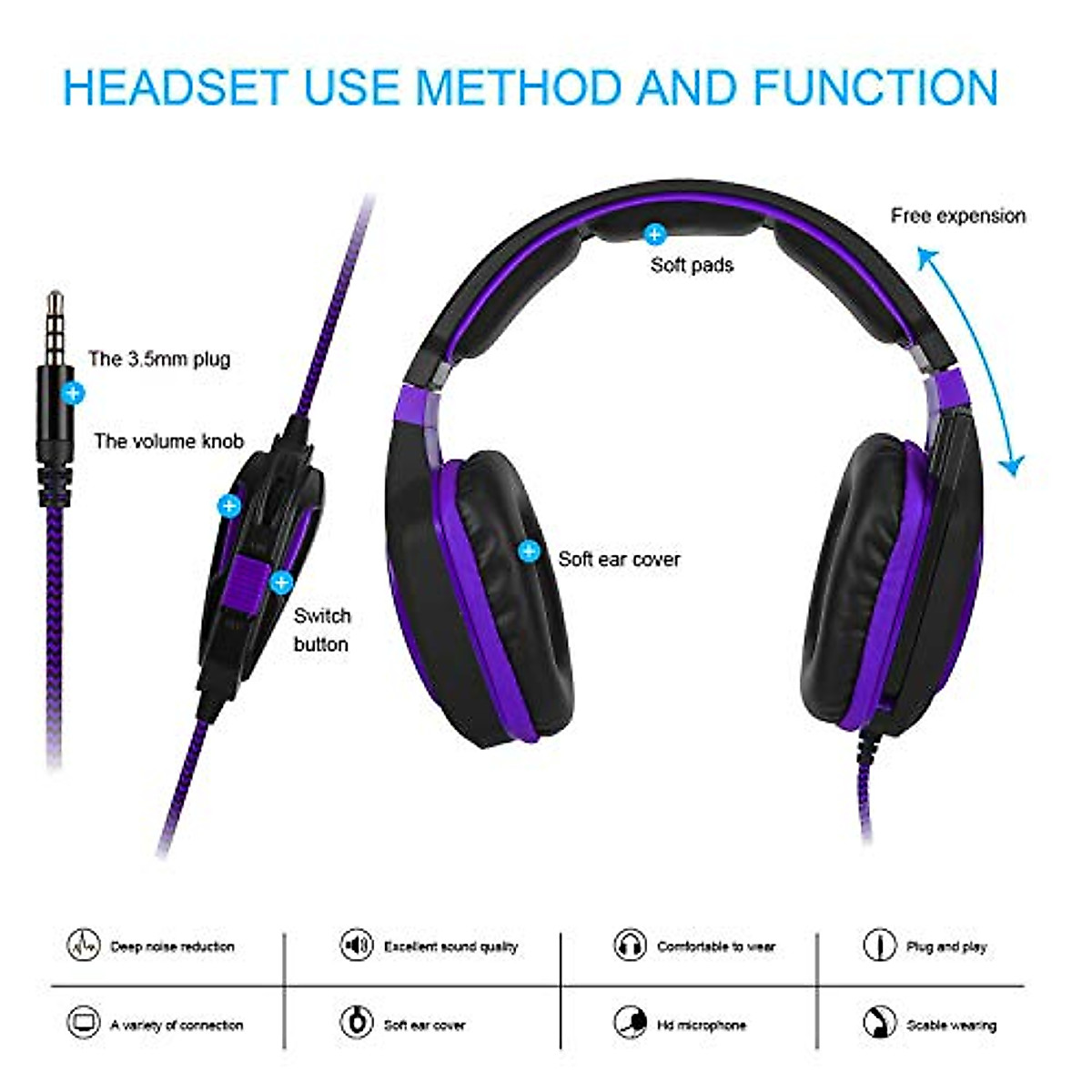 Anivia Gaming Headset Bass Surround Sound Stereo PS4 PS5 Headset with Microphone Volume Control Noise Canceling Mic Over-Ear Headphones Compatible for PS4 Xbox one Laptop PC Mac Purple