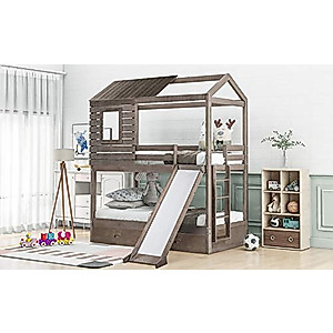 HYC Twin Over Twin Bunk Bed for Kids Toddlers, Wooden Bunk Bed with Slide and 2 Storage Drawers, House-Shaped Bunk Bed for Girls Boys,Gray