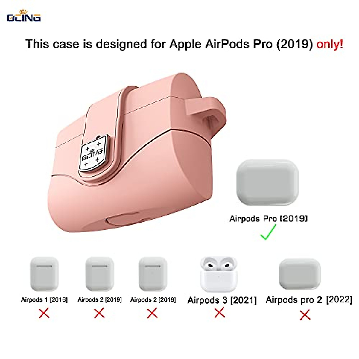 OCING 5 in One Airpods Pro Case Cover with Secured Lock (Designed in Oct. 2022), 360° Full Body Protective Case for Airpod Pro 2019 with Keychain, Supports Wireless Charging (Pink)