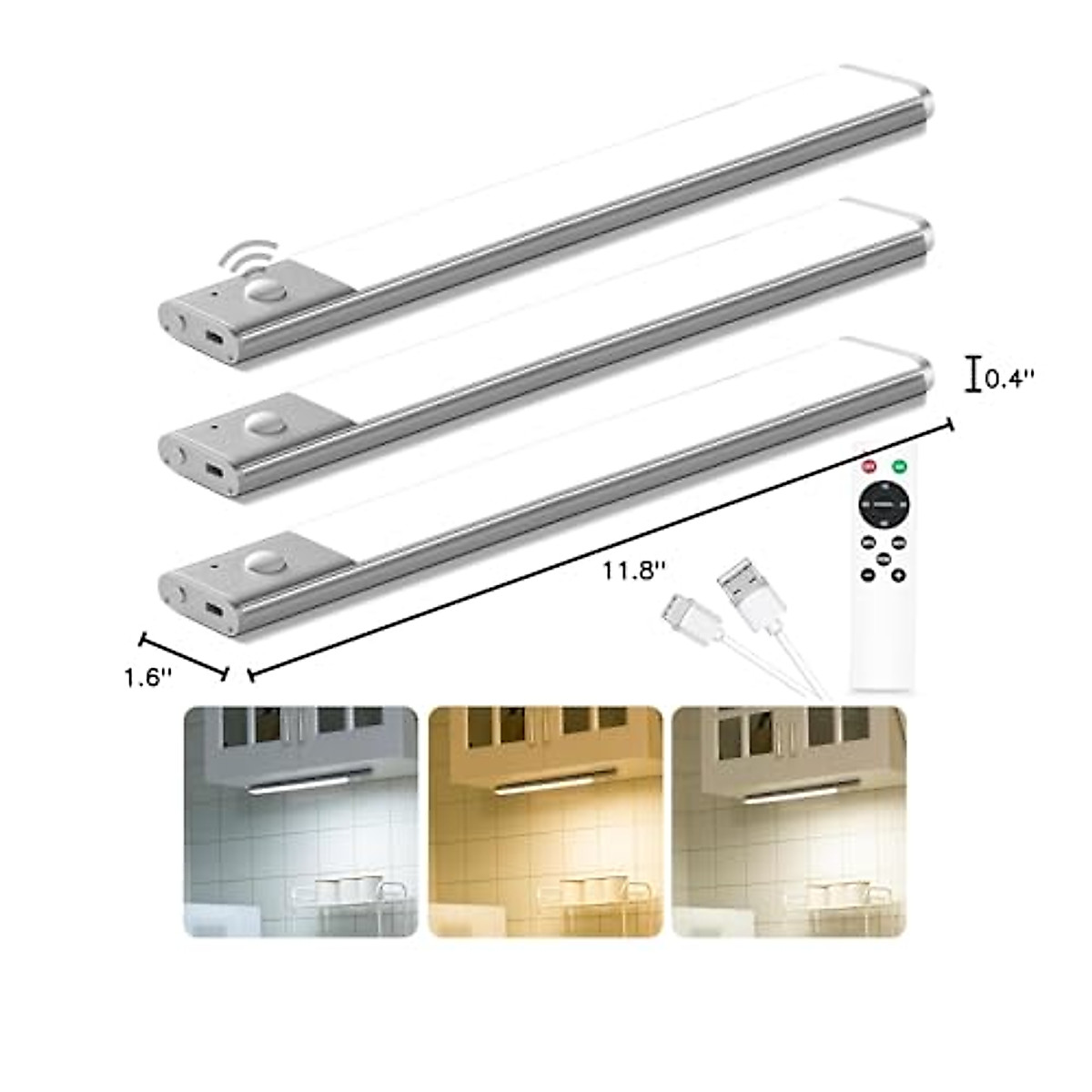 Kasanfe 64-LED Under Cabinet Lights, Motion Sensor Under Cabinet Lighting, 1500mAh Rechargeable LED Closet Light Remote, Under Counter Lights for Kitchen, Shelf, Pantry (3 Pack)