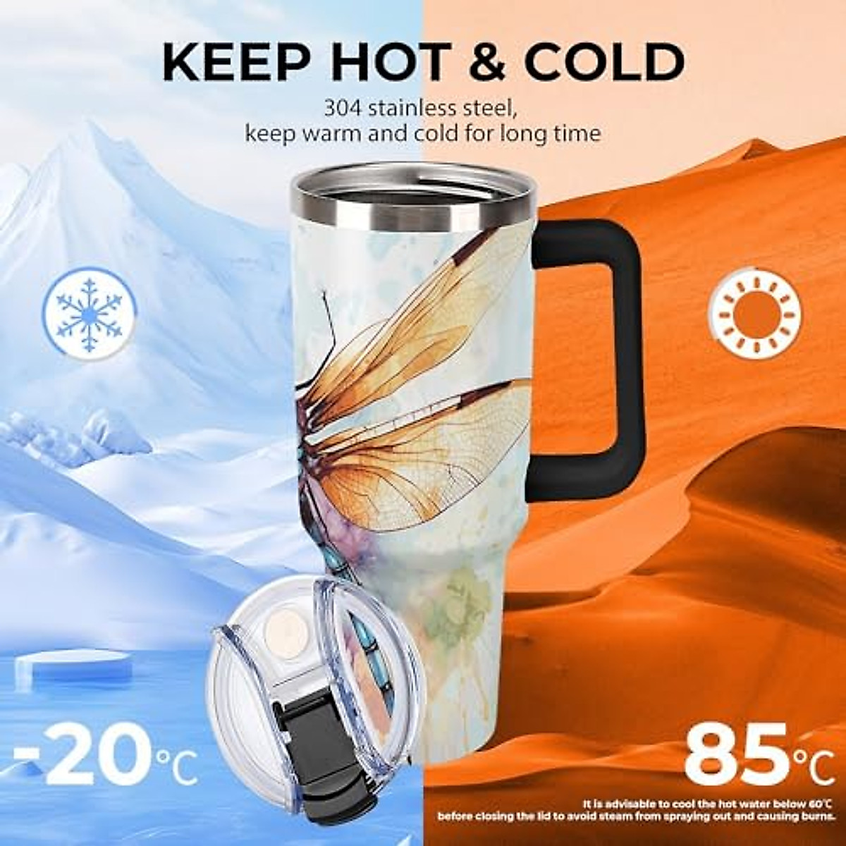 40 Oz Vacuum Tumbler with Black Handle Leakproof Insulated Tumbler Dragonfly Watercolor Painting Stainless Steel Travel Mug with Lid And Straw Coffee Cup Cute Water Bottles Cup Holder Friendly
