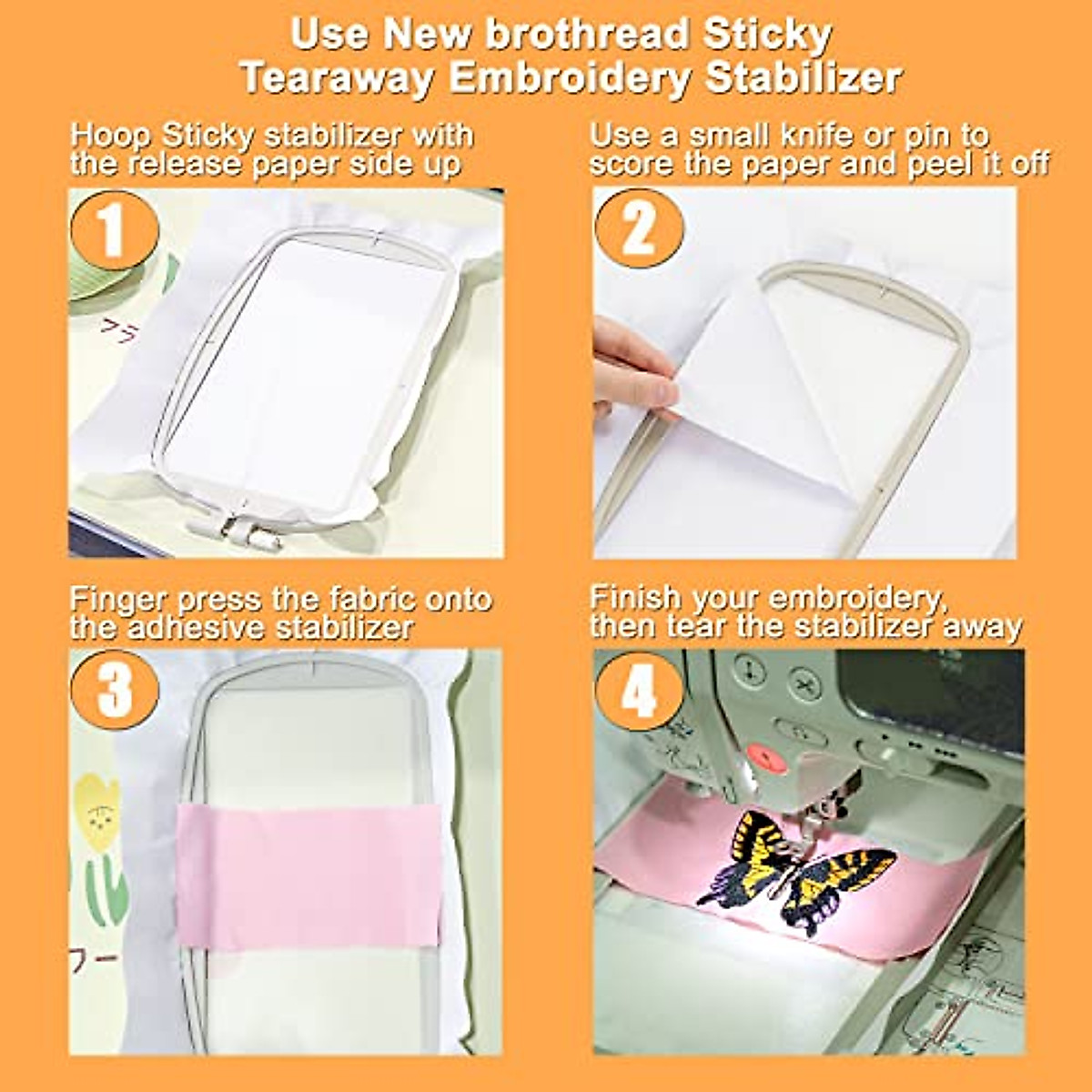 New brothread Sticky Self-Adhesive Tear Away Embroidery Stabilizer Backing 12" x 10 Yd roll - Medium Weight for Napped Fabric & Hoop Less Embroidery