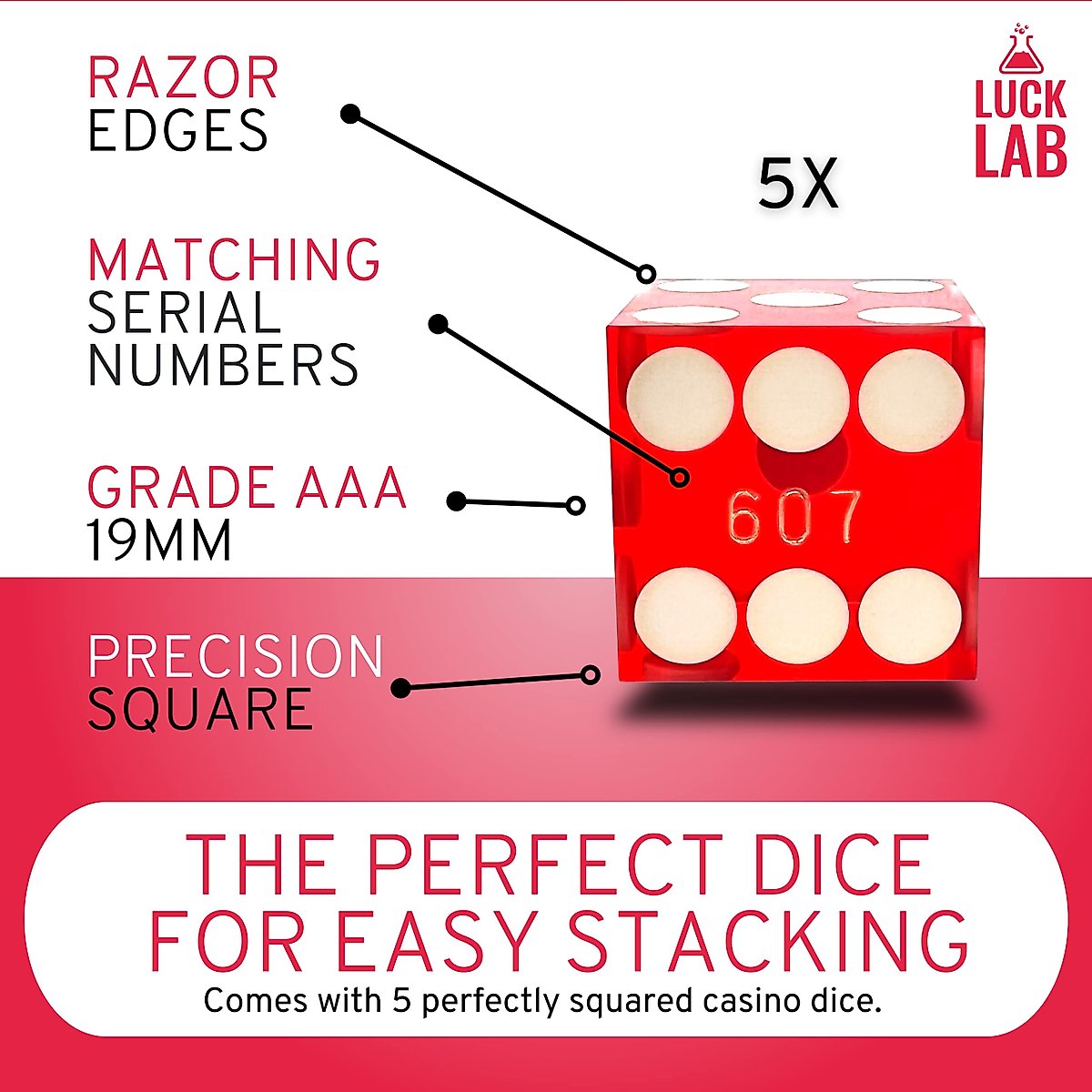 Luck Lab Black Leather Dice Stacking Cup with 5 Serialized Razor Edge 19 mm Casino Dice - Pro Straight Cup for Stacking and Magic Tricks (Red Dice)