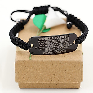 Custom Name Identity Bracelet for Dementia, Handmade Personalized Name ID Bar bracelet for Mother Father Grandma Grandpa Y1464-4D (2Pieces:Black+Black)