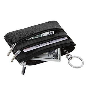 Women's Genuine Leather Coin Purse Mini Pouch Change Wallet with Keychain,black