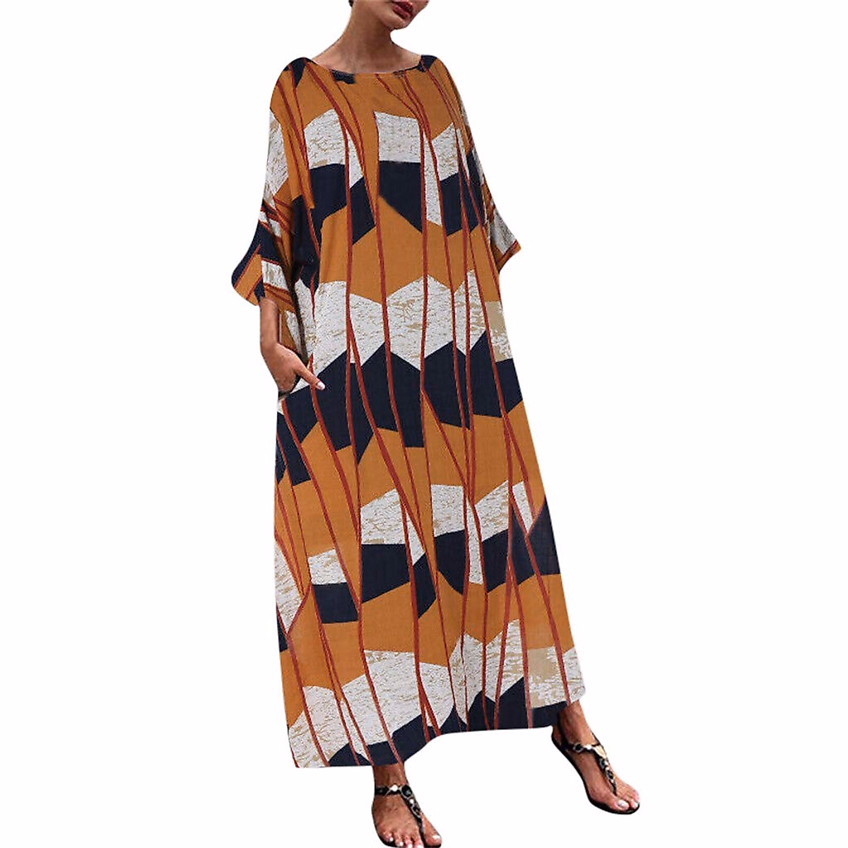 aihihe Womens Loose Long Casual Plus Size Dress 3/4 Sleeve Pocket Print Kaftan Beach Maxi Long Dress(L-5XL)(Orange,XXL)